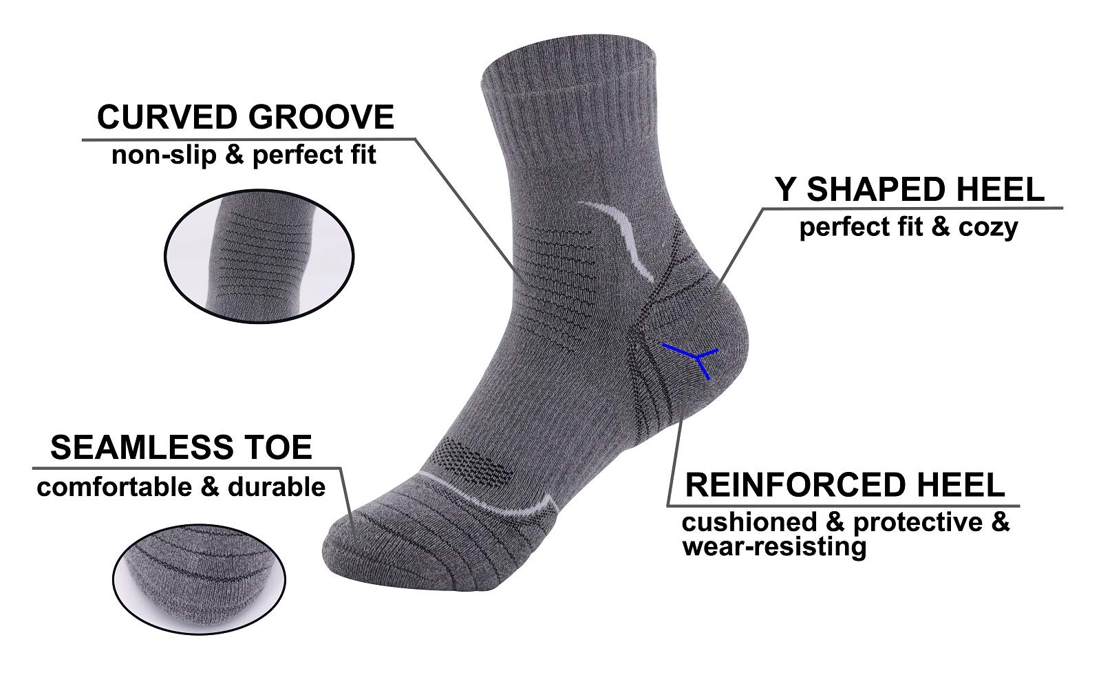 Kodal Copper Infused Hiking Socks No Smell Ankle Support Walking Socks Anti Slip Comfortable Cushion - 5 Pairs