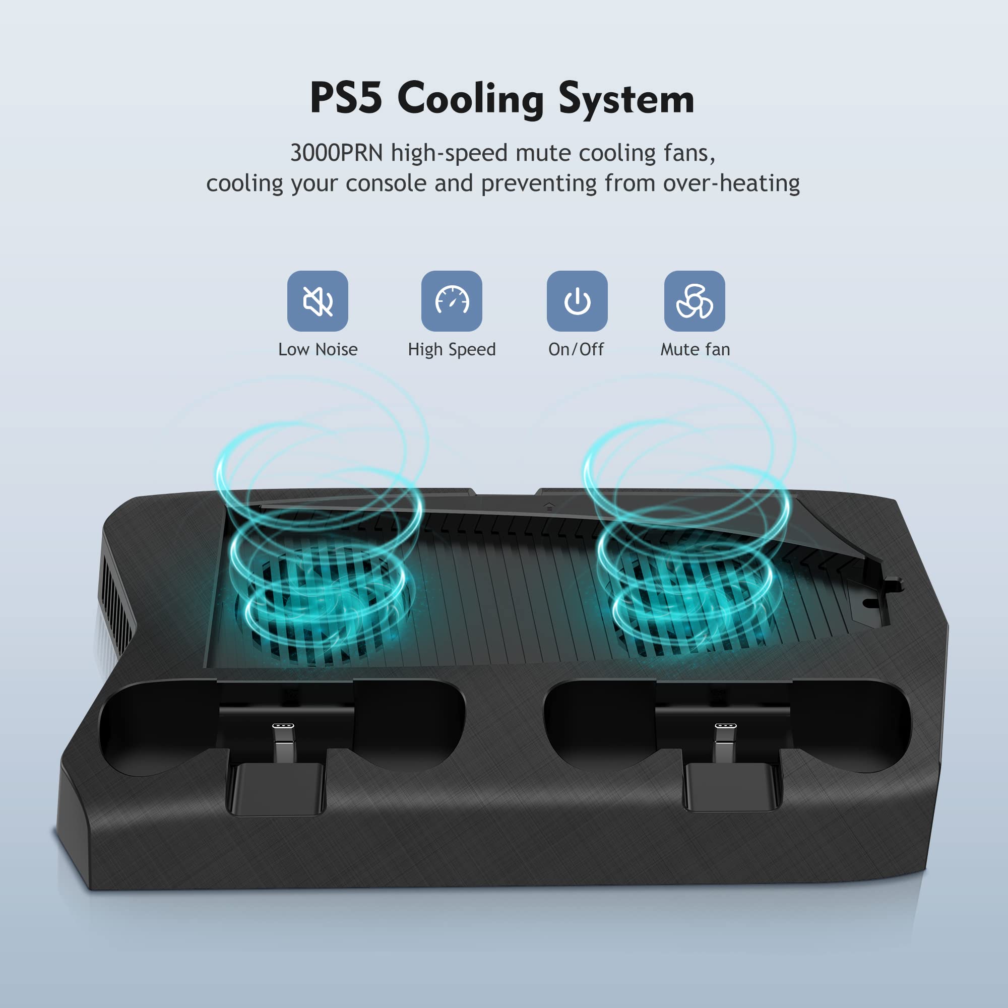 KIWIHOME PS5 Accessories Stand, PS5 Cooling Stand with Suction Cooling Fan and Dual Controller Charger Station for PS5 Console, 3 USB Ports &14 Game Slots for PS5 Digital & Disc Edition