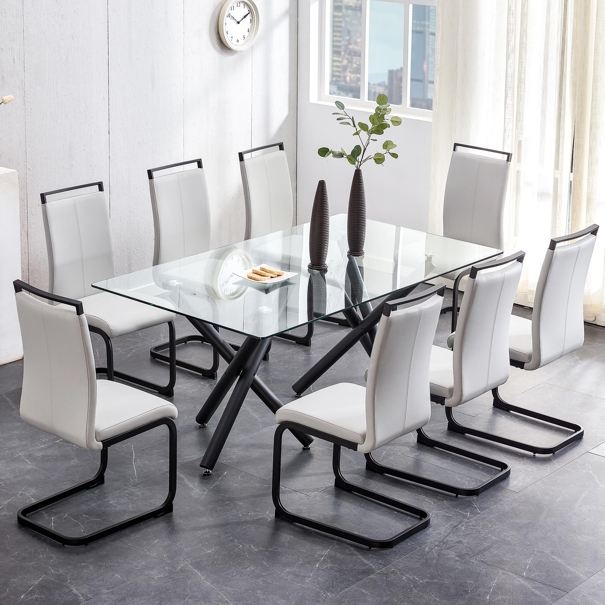 JBFF 71" Large 6-8, Modern 0.39" Tempered Glass Top Black Metal Pedestal Base, Easy Assemble, Mid-Century Rectangle Dinner Table for Dining Living Room, Kitchen