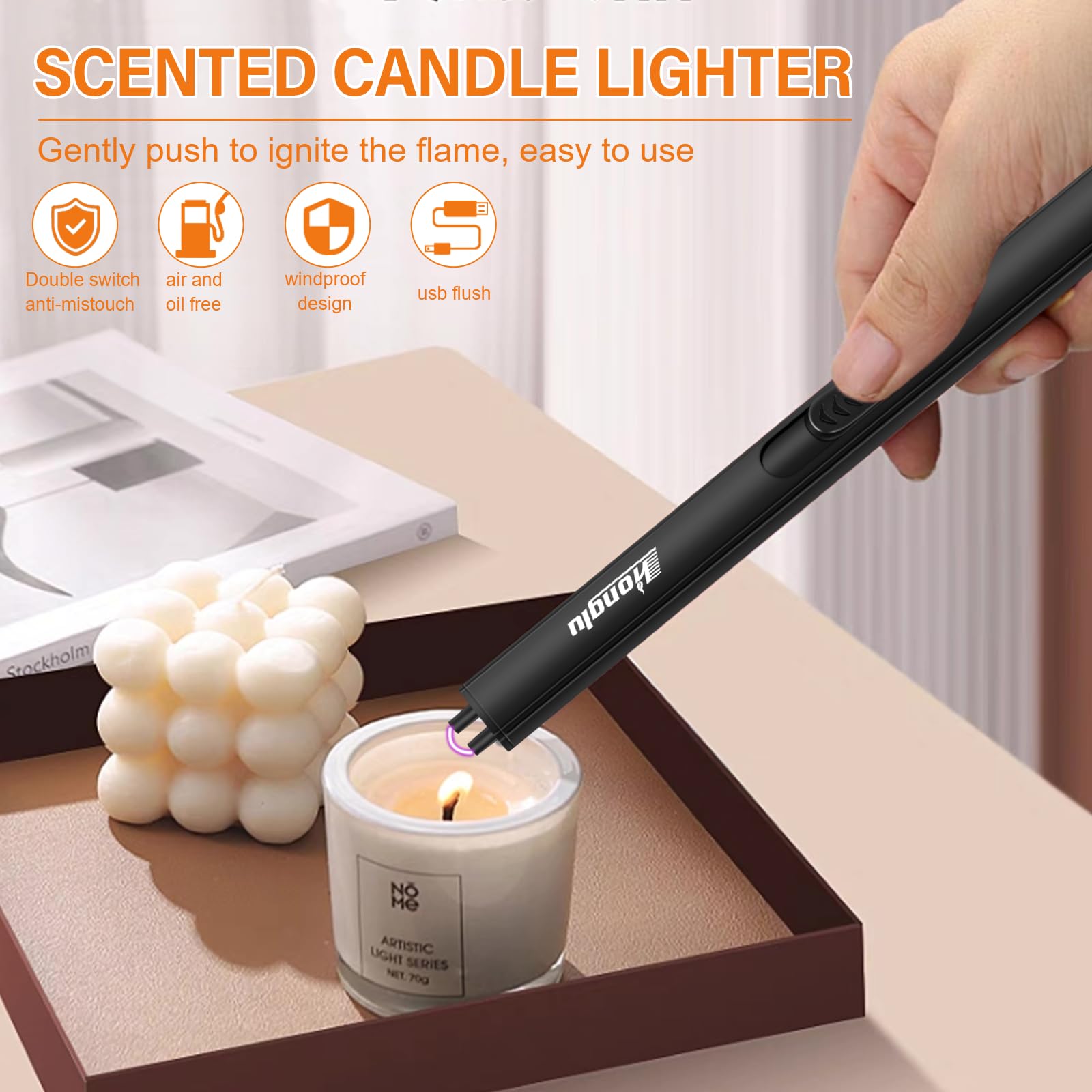 honglu Lighter Electric Lighter, Candle lighters, USB Plasma Long Arc Lighters Rechargeable Safety Lock for Cooking BBQs Fireworks No Butane Fuel - Black