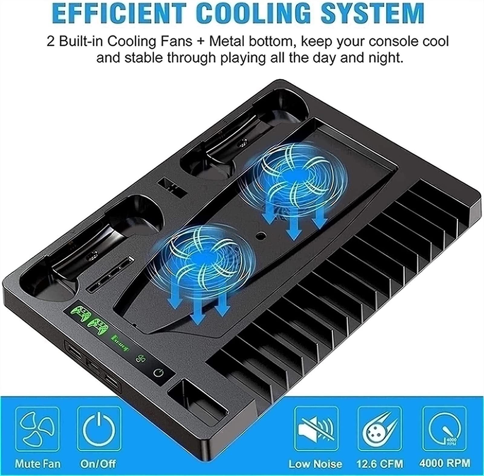 LVHI Vertical Stand for PS5 with Cooling Fan Digital Edition/Ultra HD Playstation 5 Stand Controller Charge Station with Dual Controllers EXT Port Charger Dock and 15 Game Slots