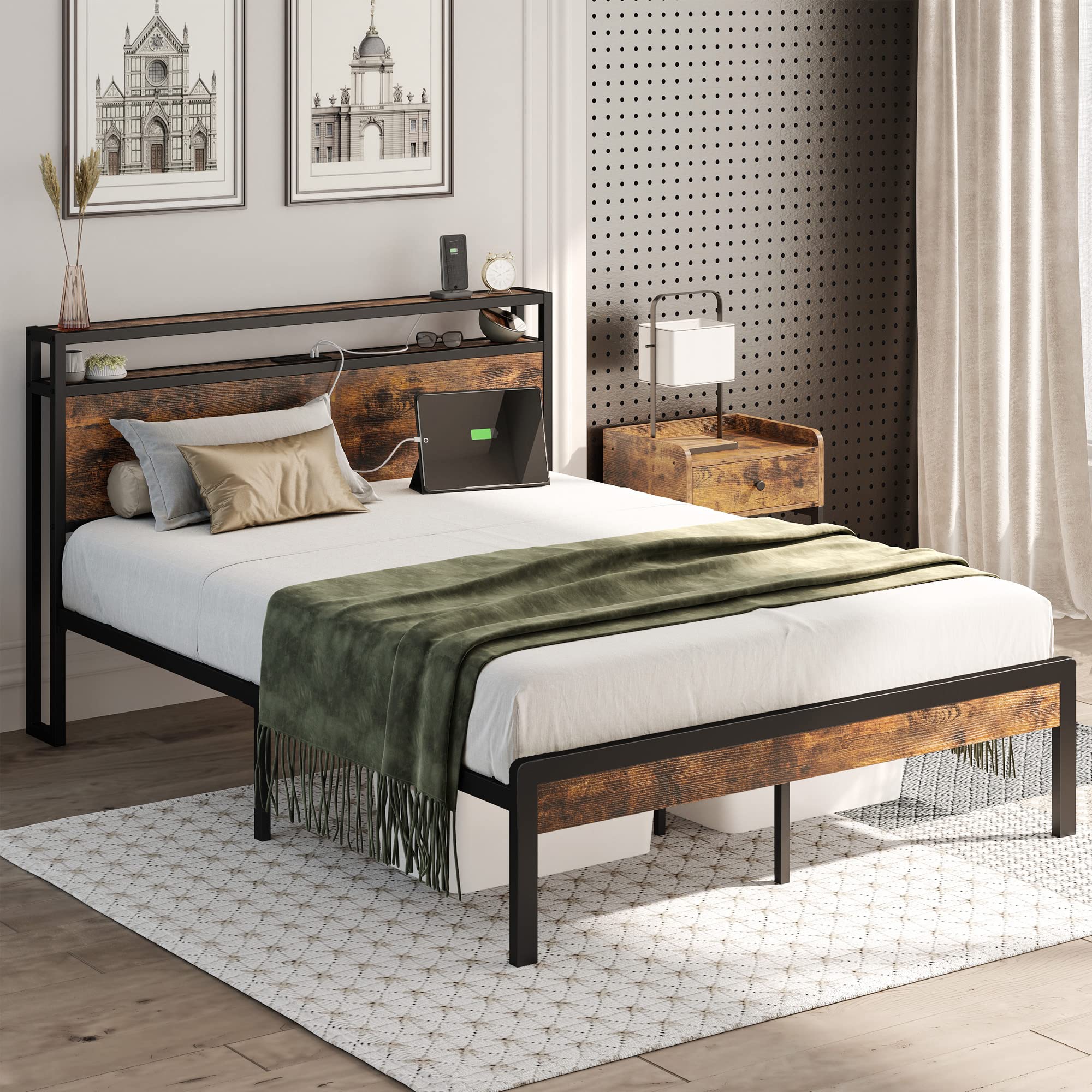 IRONCK Bed Frame,Platform Bed with 2-Tier Storage Headboard and Power Outlets, USB Ports Charging Station, Sturdy and No Noise, No Box Spring Needed, Easy Assembly, Full Size, Walnut