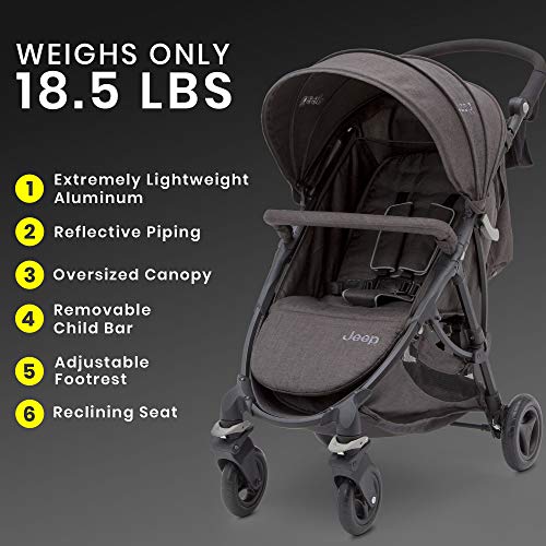 Jeep Gemini Stroller by Delta Children - Full of Features: Easy One-Hand Fold, Recline, Lightweight, Oversized Canopy, 2 Cup Holders, Shock Absorbing Frame, Grey Tweed
