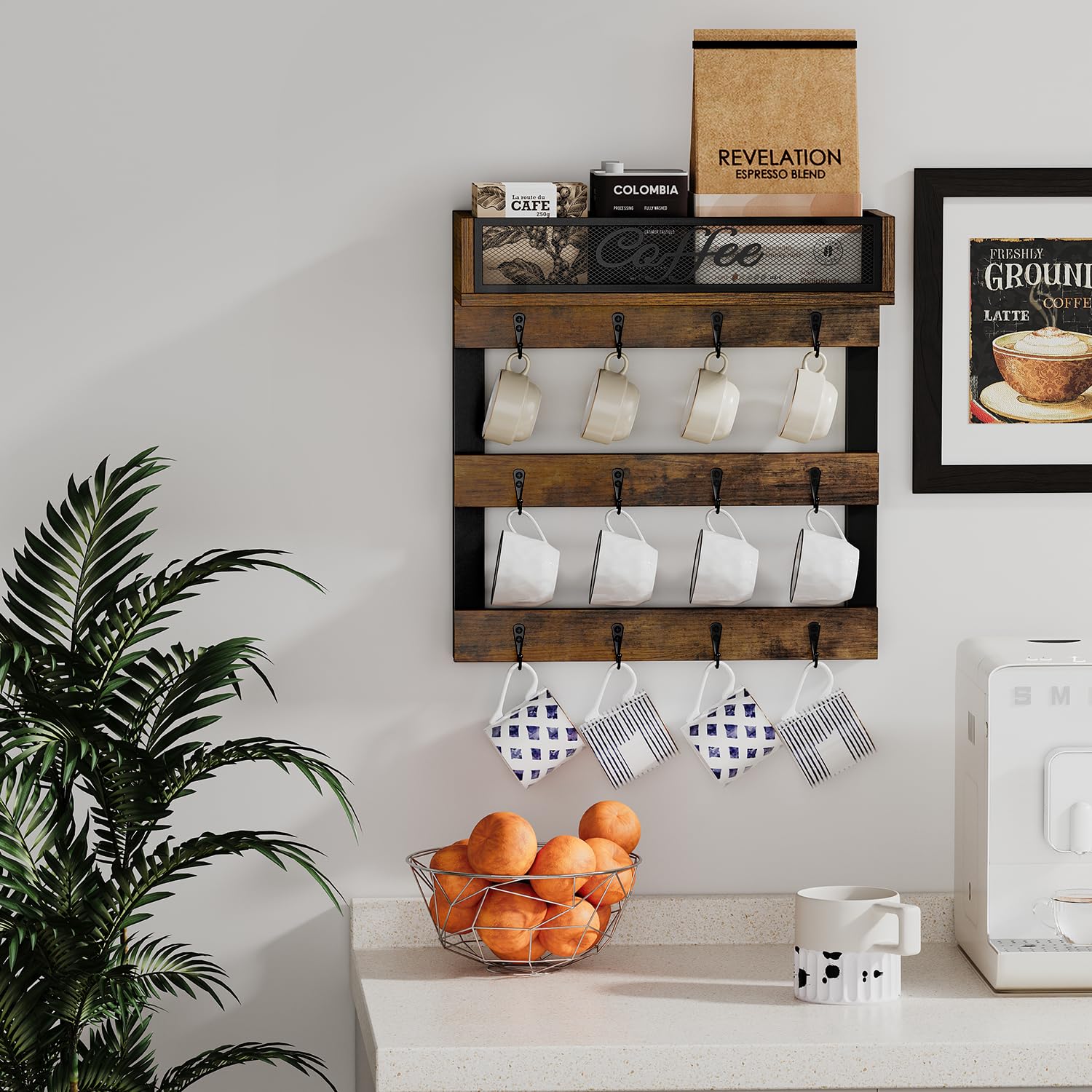 YINMIT Coffee Mug Rack Wall Mounted,Coffee Cup Holder with 12 Hooks,Wood Mug Organizer with Top Shelf for Coffee Beans,Sugar Jar,3-Tier Mug Display for Home,Office,Kitchen