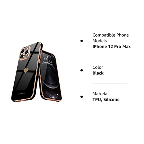 Teageo for iPhone 12 Pro Max Case for Women Girl Cute Love-Heart Luxury Bling Plating Soft Back Cover Raised Camera Protection Bumper Silicone Shockproof Phone Case for iPhone 12 Pro Max, Black