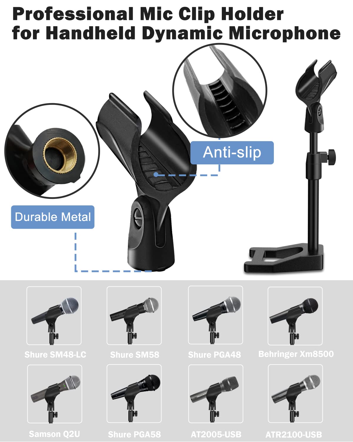 Mictop Desktop Microphone Stand, Mic Stand with Mic Clip Holder Weighted Base Shock Mount 3/8" and 5/8" Adapter Adjustable Height for AT2020, Blue Yeti, Snowball, Samson Q2U, Shure SM58, ATR2100x etc.