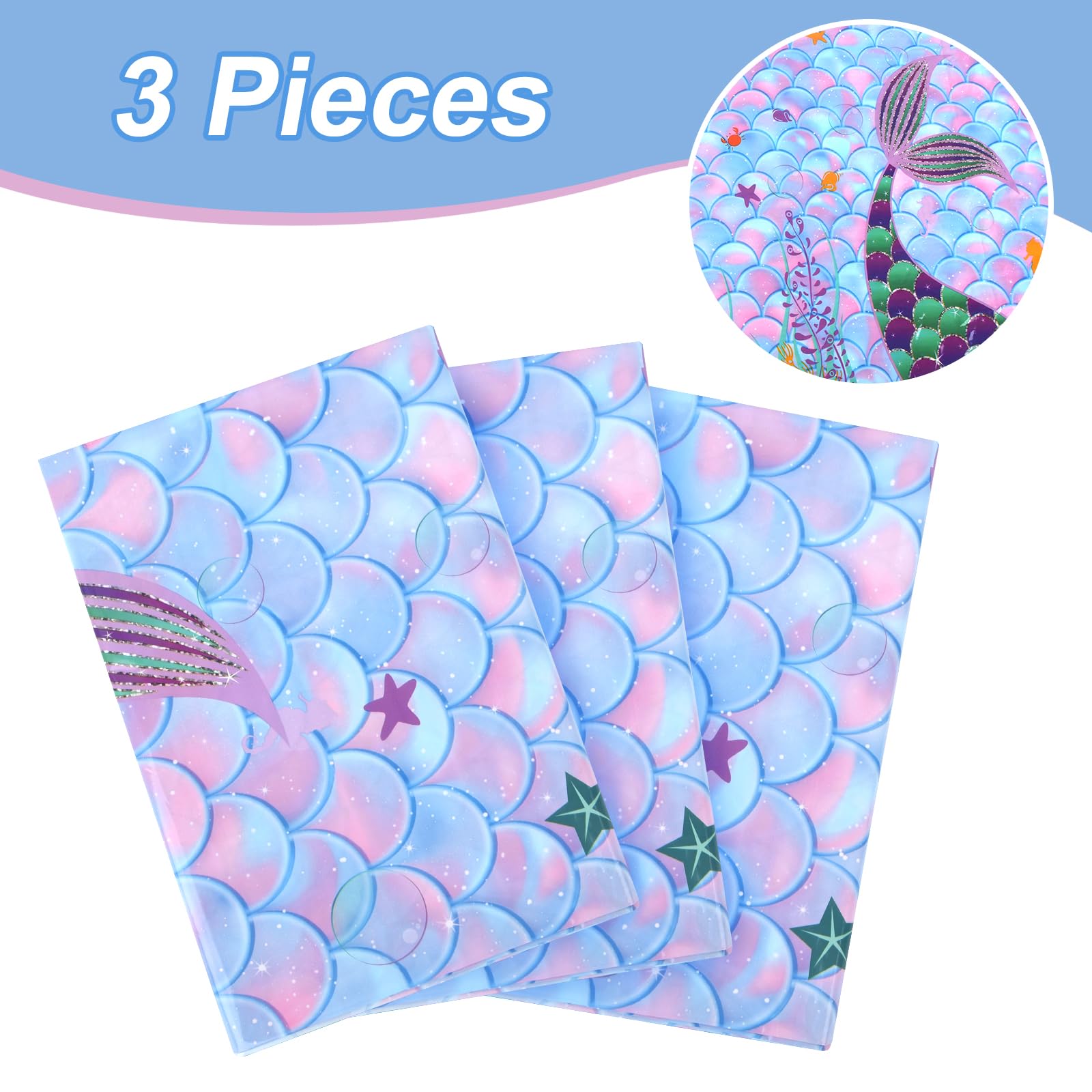 YiePhiot 3 Pcs Baby Shower Tablecloth,Baby Shower Round Tablecloth,Mermaid Party Decoration Table Covers,Plastic Table Cover for Baby Shower Party Compatible for a 70inch Round Table