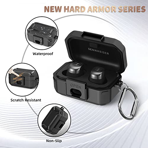 WOFRO Case for Sennheiser Momentum True Wireless 3 Earbuds with Secure Lock Clip Hard Shell Protective Cover Military Armor Series Full-Body Shockproof with Carabiner (Black)