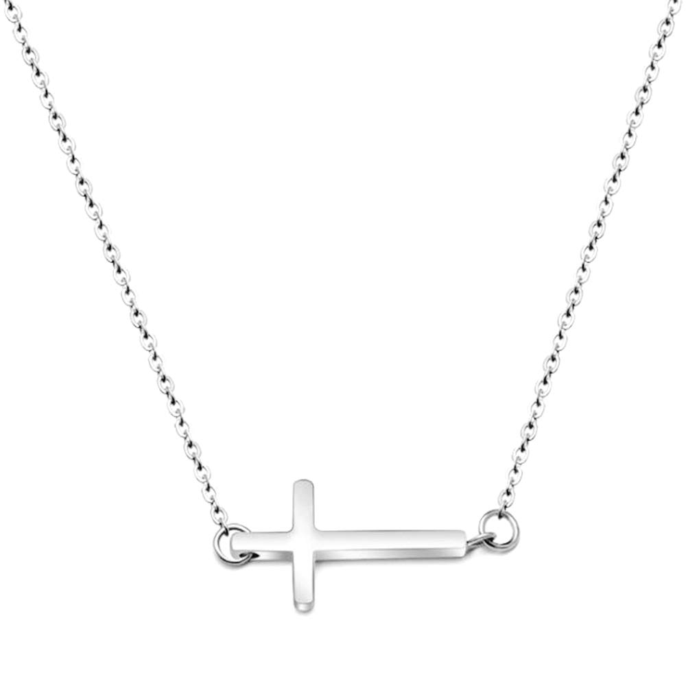Jude Jewelers Stainless Steel Sideways Cross Christian Religious Prayer Collar Necklace (Silver)