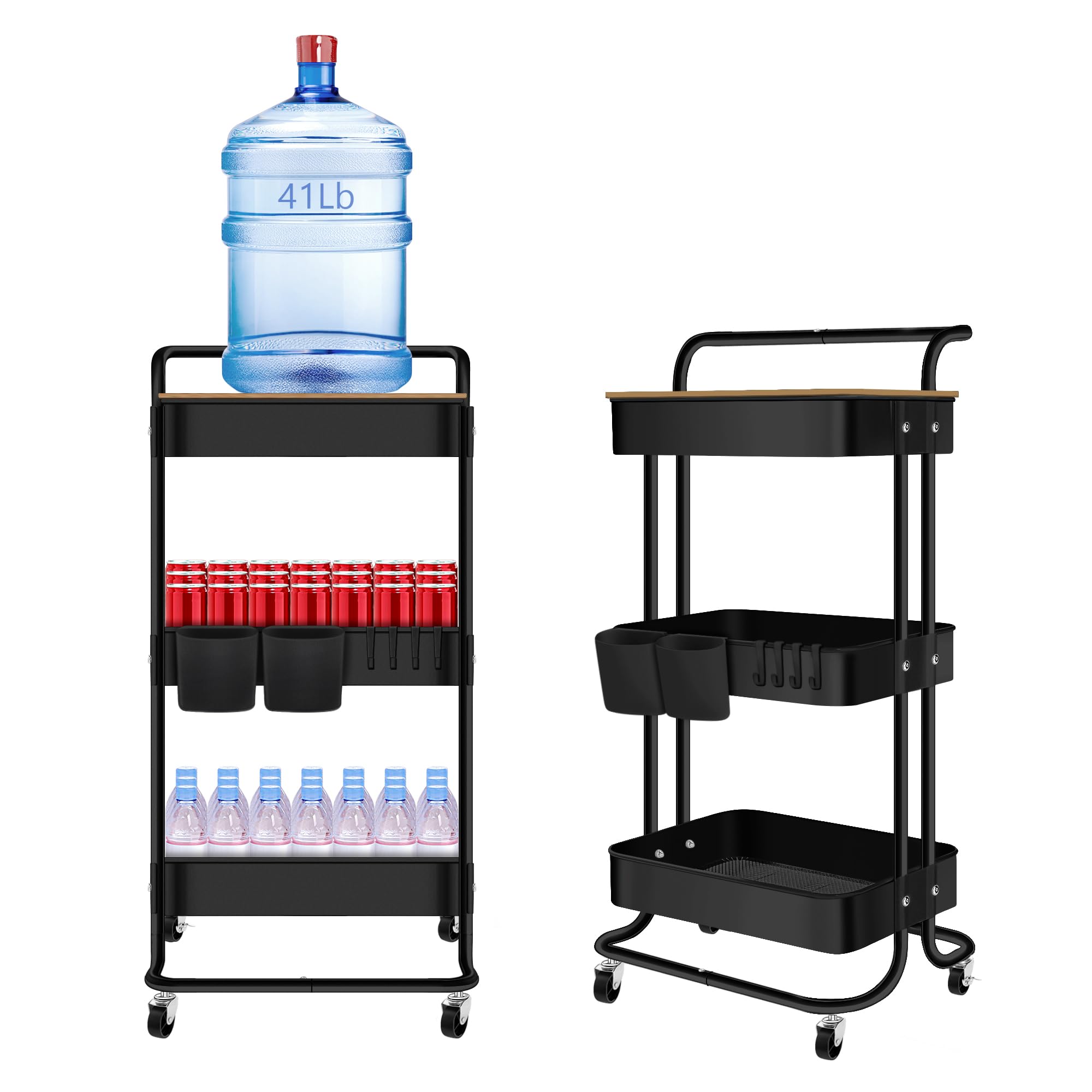 LING RONG 3-Tier Utility Rolling Metal Storage Cart,Heavy Duty Multifunction Cart with Lockable Wheels,Cover,4 Hooks 2 Storage Boxes for Kitchen Living Room Office Bathroom (U-Shaped Armrest, Black)