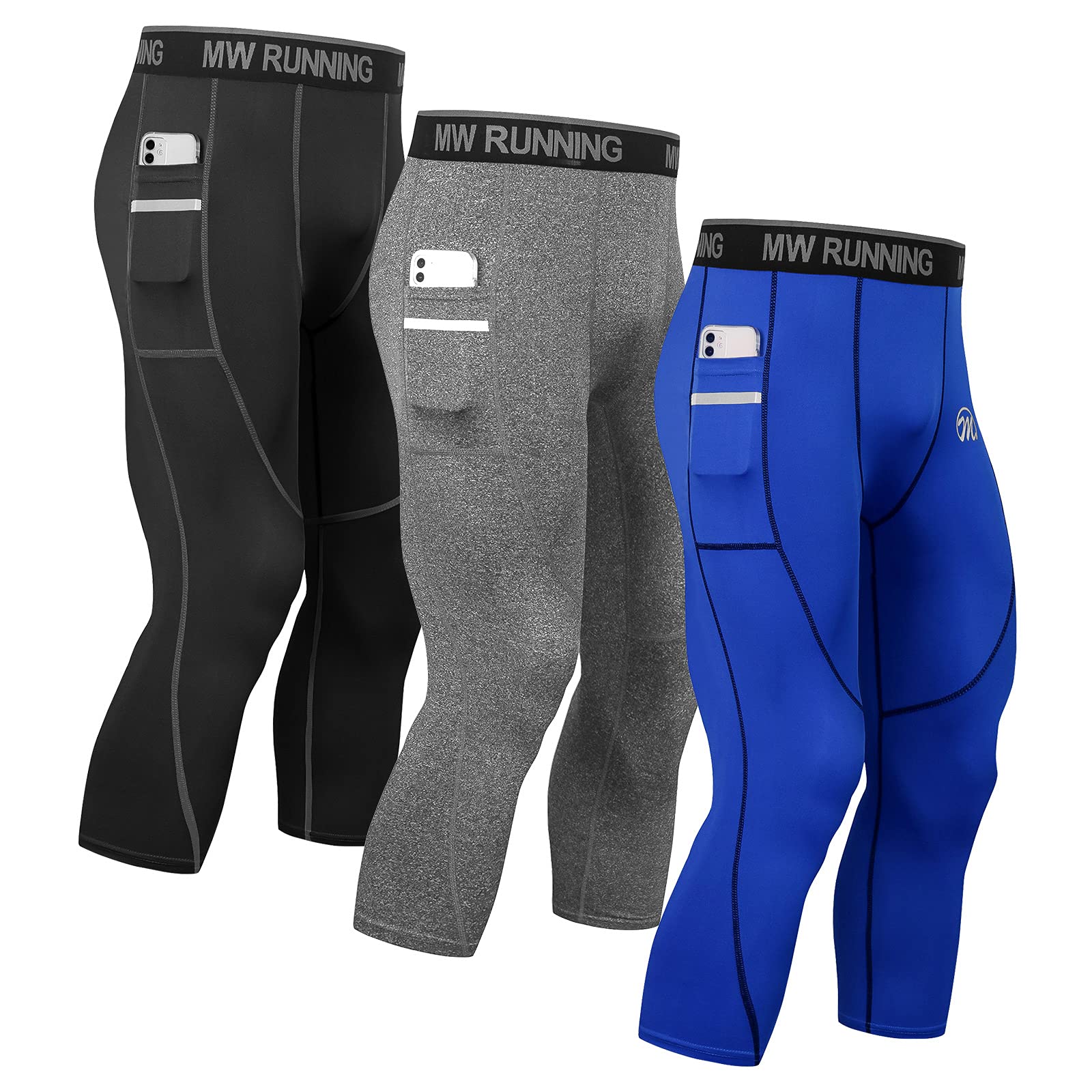 MEETYOO Men's 3/4 Compression Pants, Cool Dry Leggings Sport Workout Tights Base Layer Running Cycling