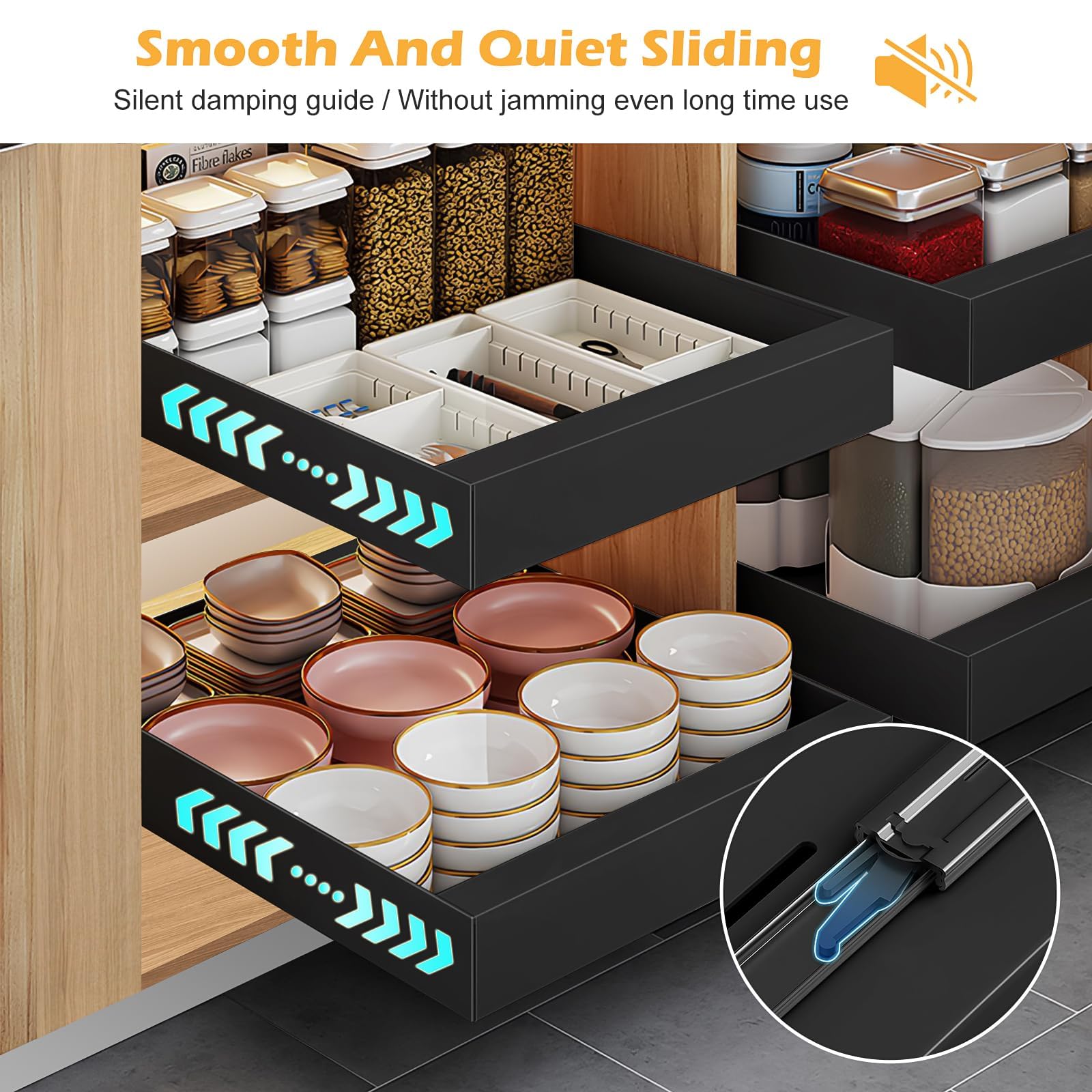 LINGSFIRE Pull Out Cabinet Organizer Carbon Steel Cabinet Pull Out Shelves Kitchen Cabinet Drawers Slide Out Pantry Multi-Purpose Pull-Out Home Organizers For Bathroom (1 Pack) Black