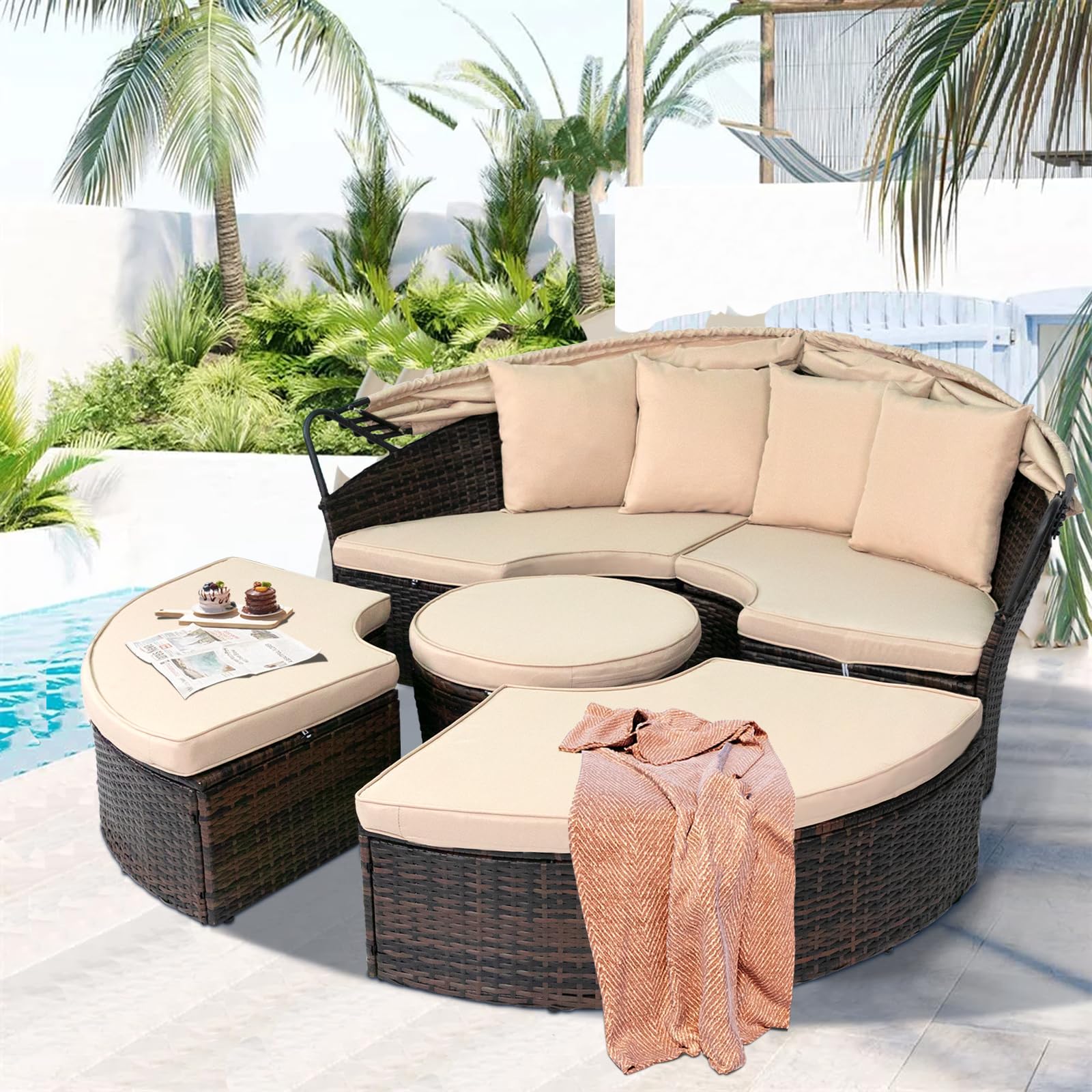 SOLAURA Outdoor Round Daybed, Patio Daybed with Retractable Canopy and Brown Wicker Patio Sectional Sofa, Seating Separates Cushioned Seats (4 Light Brown Pillow)