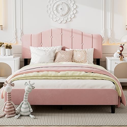 IKIFLY Velvet Upholstered Full Size Bed Frame - Button Tufted Full Platform Bed with Adjustable Headboard, Solid Wood Slats Support, No Box Spring Needed, Easy Assembly - Pink