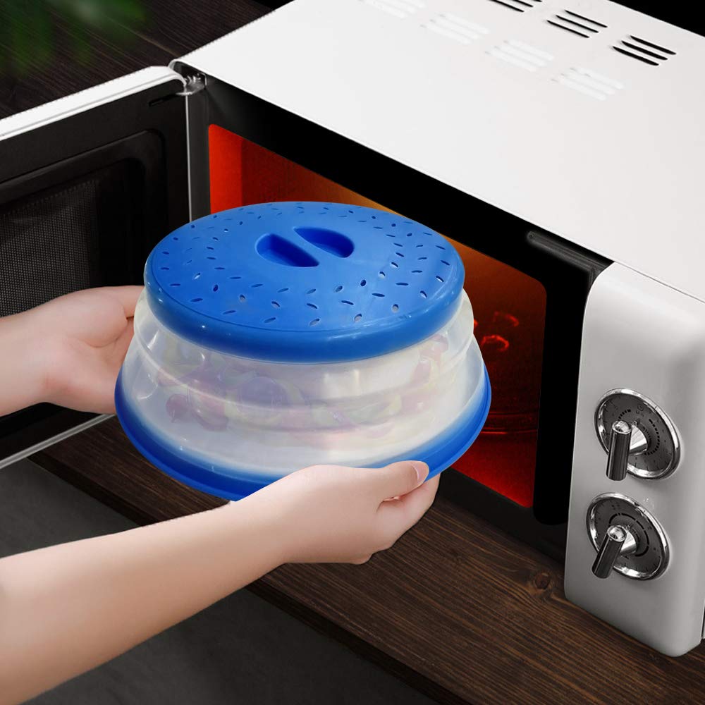 OUZIFISH Microwave Plate Cover 10.5 inch Collapsible Food Plate Lid Cover - BPA Free, Easy Grip, Microwave Plate Guard Lid With Steam Vent & Colander Strainer for Fruit (Sky Blue)