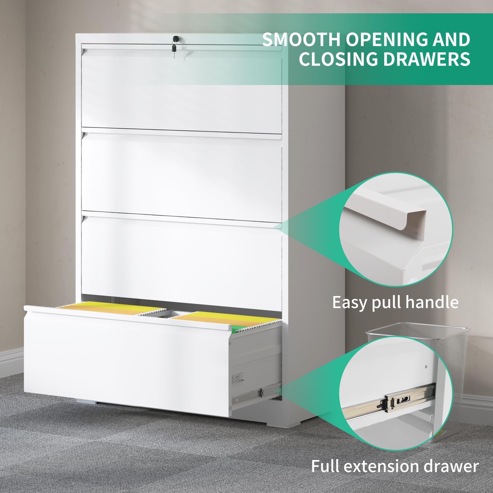 IKIMI 4 Drawer Lateral File Cabinets 3 Drawerr Mobile File Cabinet Office Filing Cabinet Steel Storage Cabinet with Lock