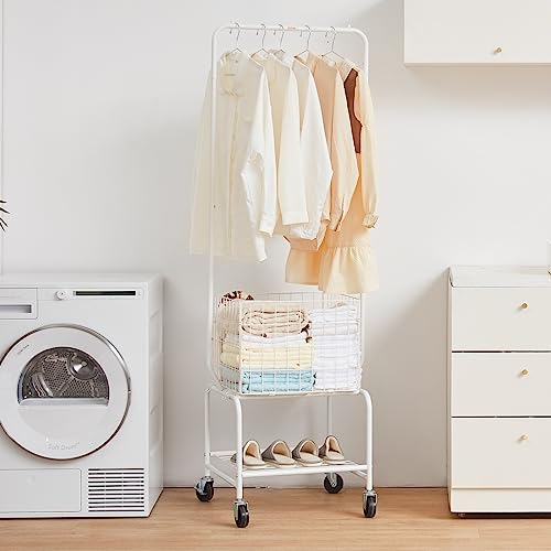 VEVOR Metal Rolling Laundry Basket with Hanging Garment Rack, Laundry Hamper Cart Adjustable Height with Basket Load and Shelf Load, Storage Organizer with Heavy Duty Lockable Wheels