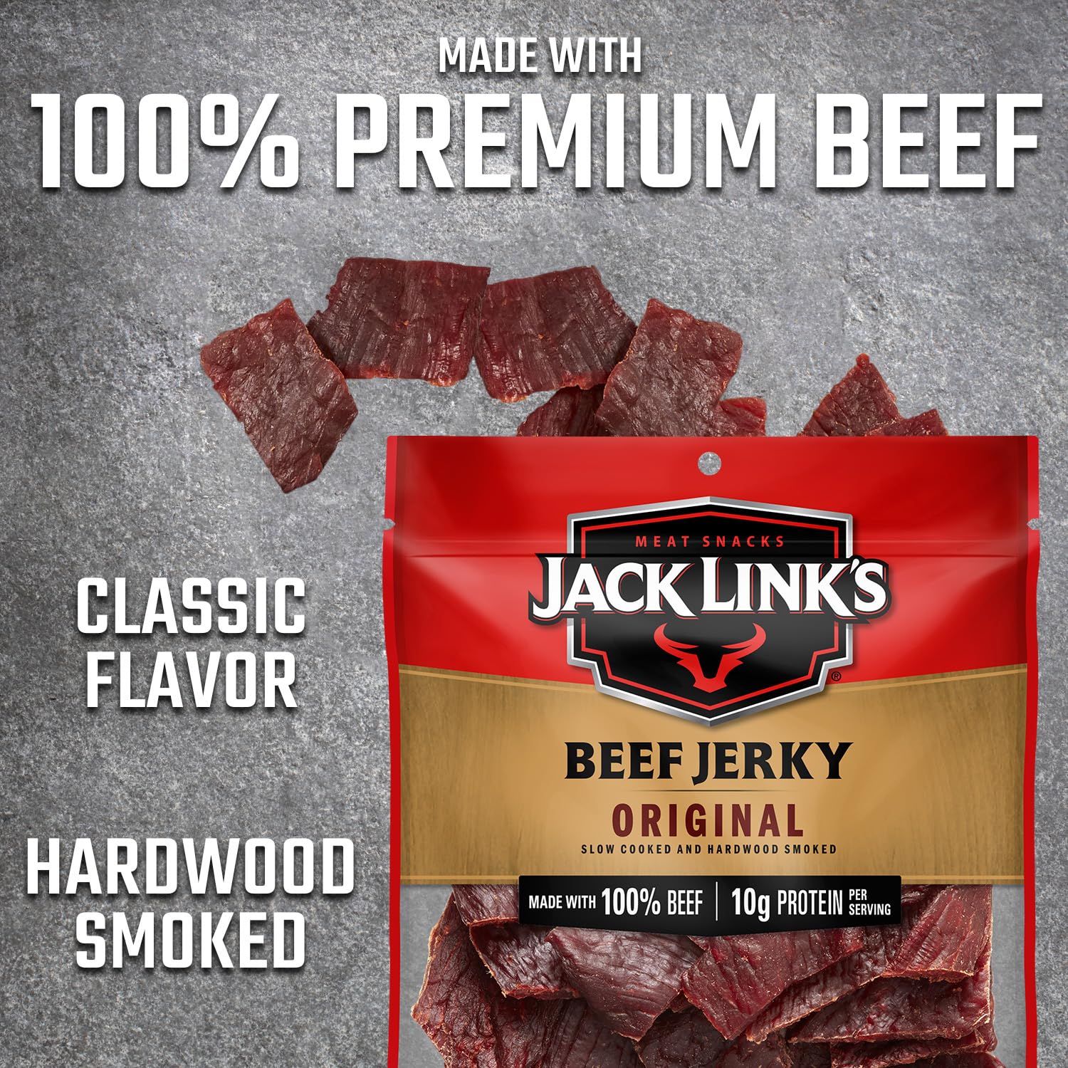Jack Link's Beef Jerky, Original Flavor, 2.85 oz. - Flavorful Meat Snack, 10g of Protein and 80 Calories, Made with Premium Beef - 95 Percent Fat Free, No Added MSG** or Nitrates/Nitrites