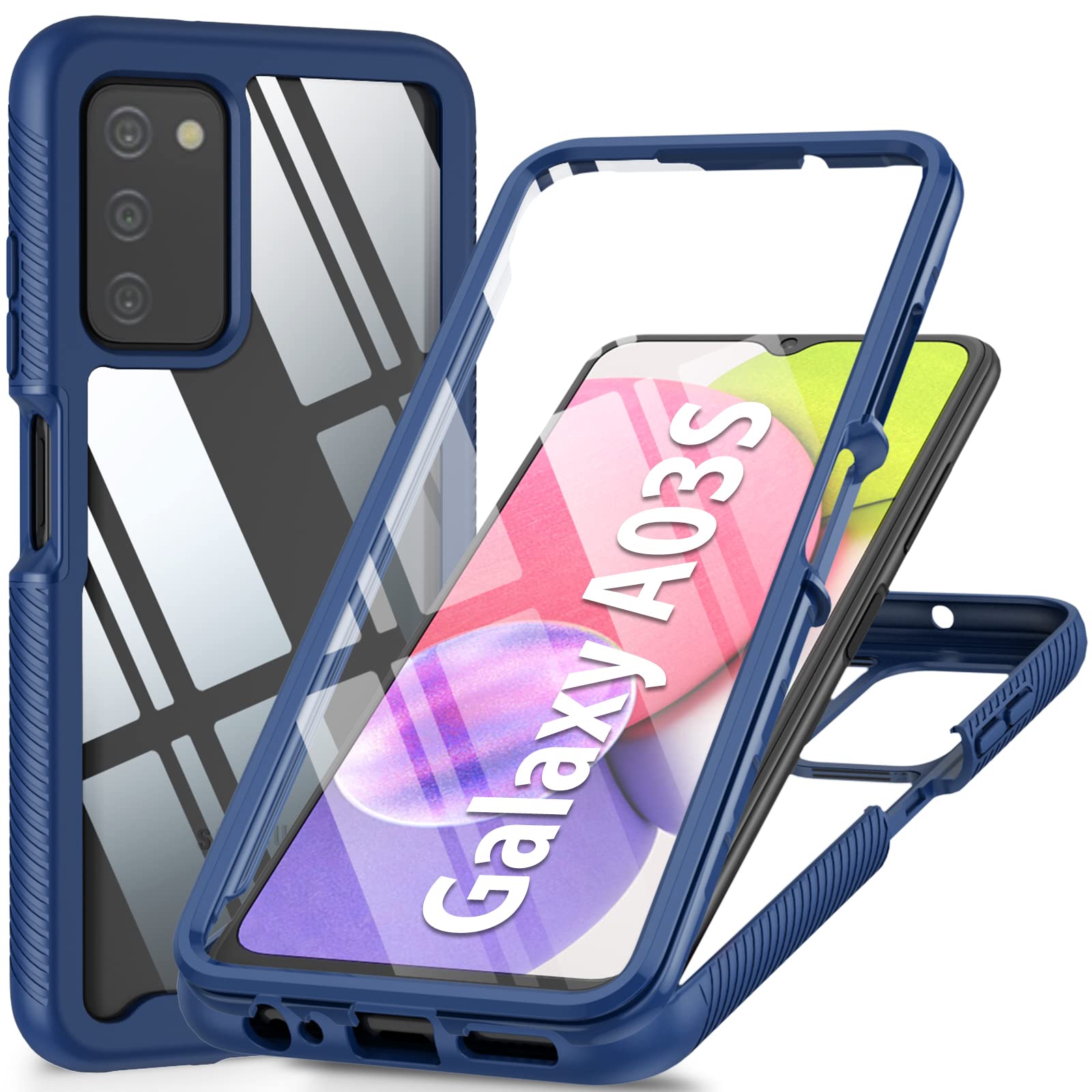 JXVM for Samsung Galaxy A03s Phone Case: Full Protection Shockproof Rugged Phone Cover with Built-in Screen Protector - Clear Back Phone Cases Design for Galaxy A03s (Dark Blue)