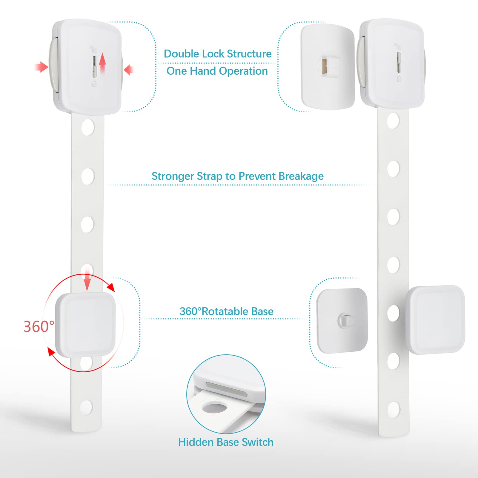 Pugala Safer Version Child Safety Strap Lock, Double Lock Option Fridge Lock for Baby, Self Adhesive Child Proof Cabinet Latch, No Drilling Child Proof Product for Cabinet Lock(White - 12PCS)