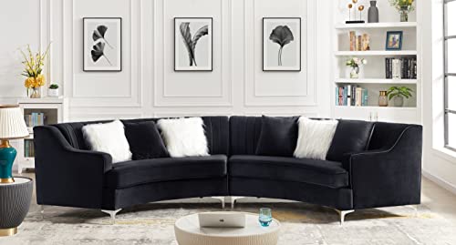 Yoglad Upholstered Curved Sectional Sofa, Modern Style Semicircle Couch, Tufted Sofa with Metal Legs, Circular Sofa with Villose Pillows for Living Room (Black, 140" Stripe Style, Velvet)