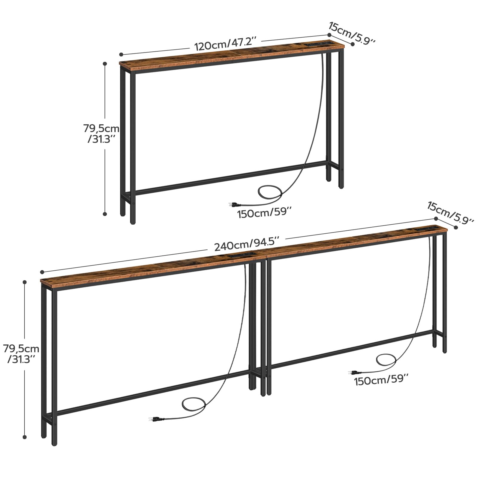 HOOBRO 2 Pack 39.4" Console Table with Power Outlets and USB Ports, Narrow Entryway Table with Charging Station, Behind Couch Table, Hallway, Living Room, Bedroom, Rustic Brown and Black BF51UXGP201