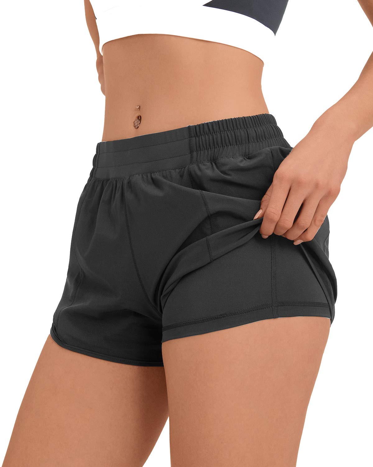 PEUSOON Women's Workout Quick-Dry Shorts, 2 in 1 Athletic Running Shorts, Elastic Drawstring Active Gym Shorts with Pockets Black