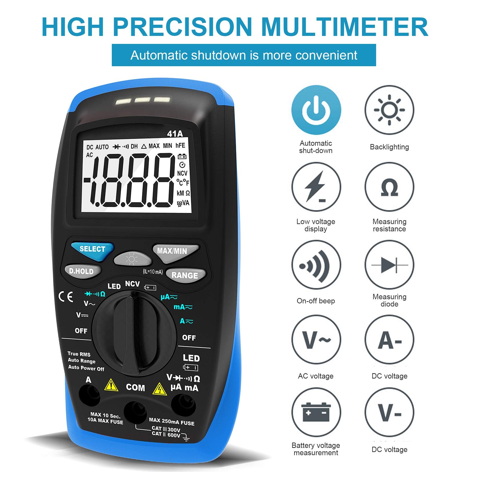 HOLDPEAK Digital Multimeter 41A DC/AC, True RMS Voltage Tester 2000 Counts Pocket Meter with Non-contact NCV Max/Min for Measuring DC/AC Voltage, Current, Resistance, LED, Diode