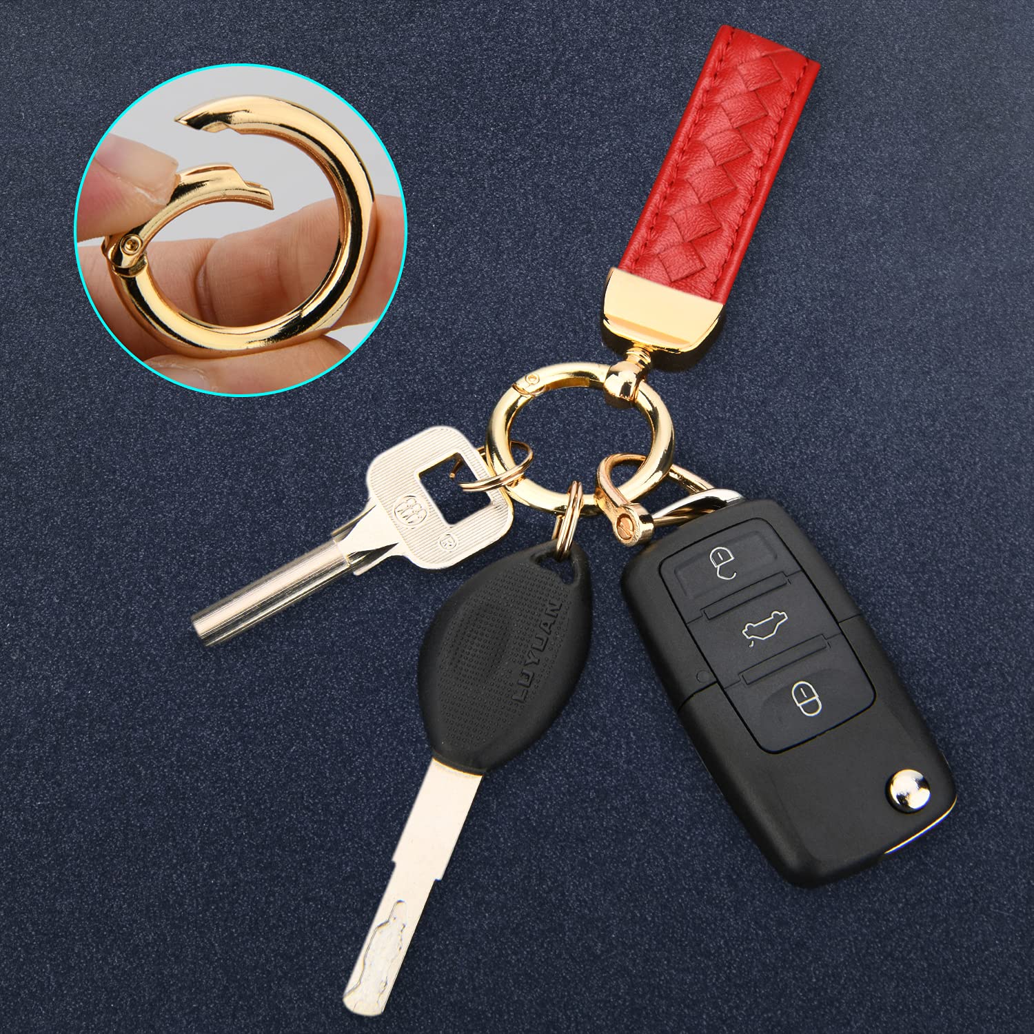 Lemospark Suede Genuine Leather Hand Knitting Keychain with Detachable Key Rings for Car and Home Keys Holder for Women Men (D-Red)