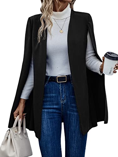 WDIRARA Women's Cape Blazer Cloak Split Sleeve Open Front Jacket Work Business Casual Blazer Solid Cape Coats Black M