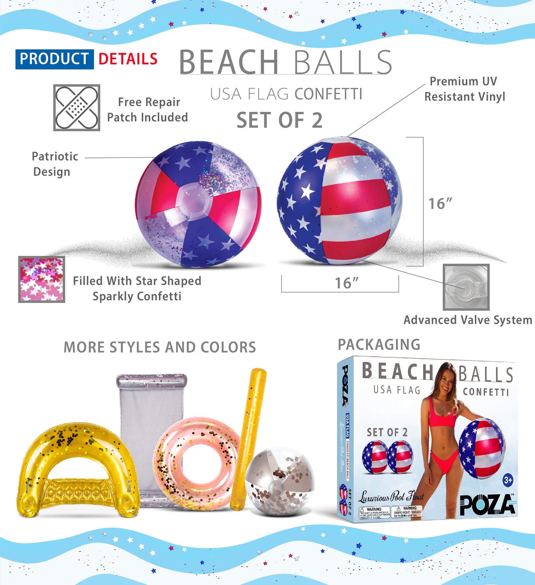 POZA USA Flag Inflatable Pool Float Tube - Sparkle Silver Star Filled American Flag Pool Float for Beach, River, or Lake, Patriotic Inflatable Blow Up Pool Float, 4th of July Pool Party - 36 Inch
