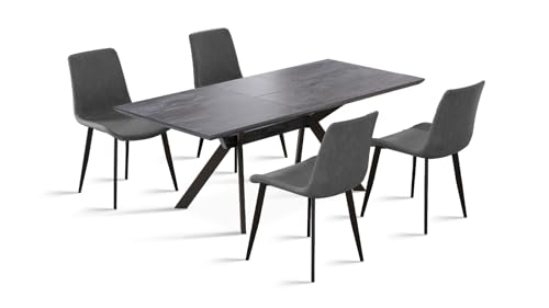jiexi Extendable Dining Table Set for 6-8 Seat, Rectangular Solid Slate Stone Top with 4 Faux Leather Dining, Modern Kitchen Table with Extension Leaf, Extendable 55'' to 71'' for Kitchen Restaurant