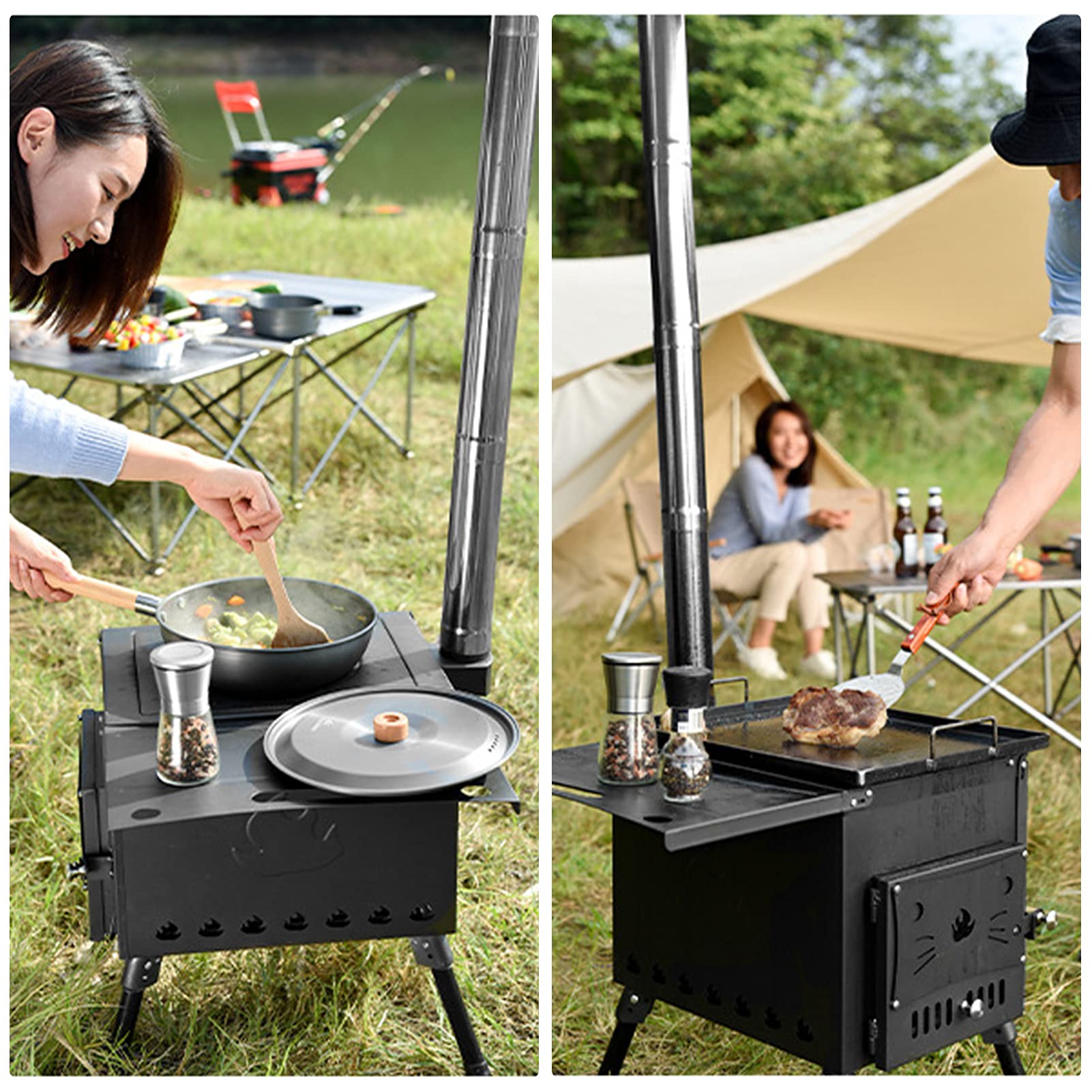 MengK Portable Foldable Wood Burning Stove Camp Tent Stove with Chimney Pipe for Tent Shelter Heating Cooking