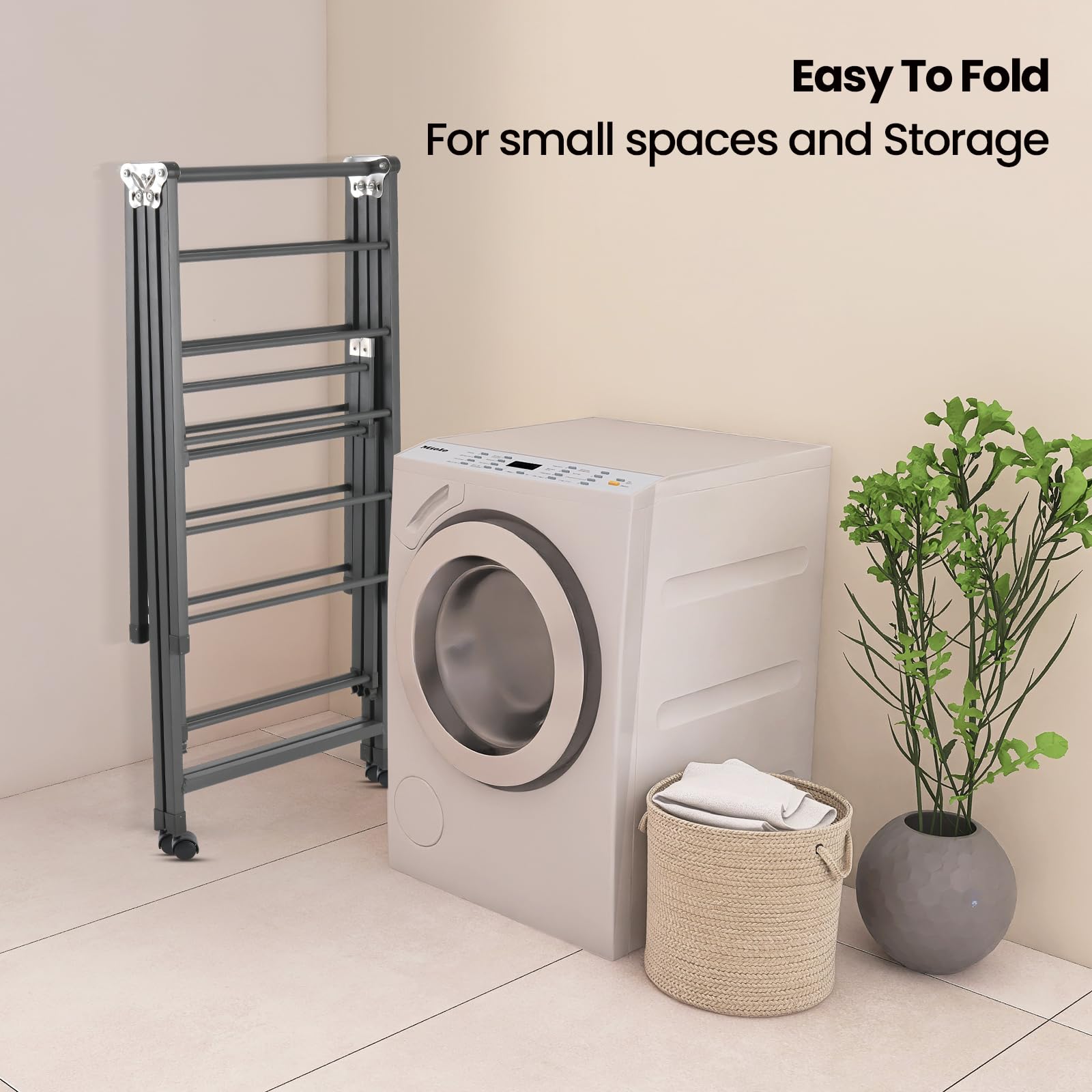WGCTEK Folding Clothes Drying Rack, 2 Level Portable Collapsible Laundry Hanger Dryer Rack,Outdoor Foldable Drying Rack with Height-Adjustable Wings,with 4 Castors, Grey