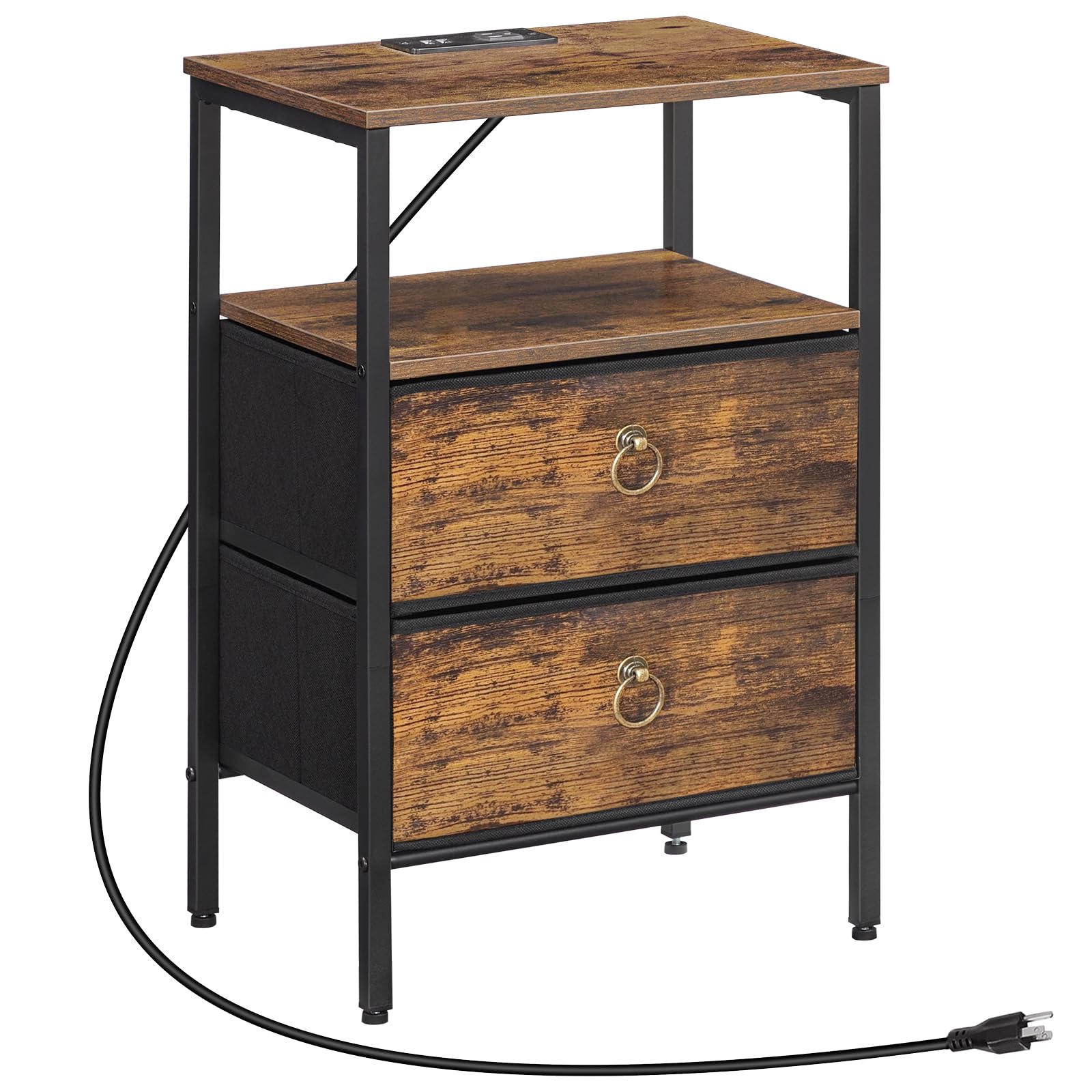 HOOBRO Nightstand with Charging Station, Bedside Table with 2 Fabric Drawers, End Side Table with Outlets and USB Ports, Night Stand for Bedroom, Rustic Brown and Black BF49UBZ01