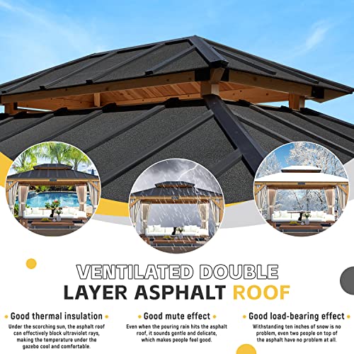 YOLENY 11' x 13' Solid Spruce Wood Gazebo, Hardtop Gazebo with Coated Wood Frame, Waterproof Asphalt Double Roof, Nettings and Curtains for Lawns, Gardens, Decks, and Patios