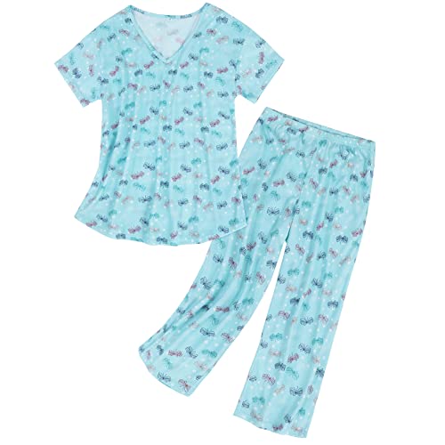 Women Summer Pajamas Soft Sleepwear Top with Capri Pants Ladies Short Sleeve Cotton Pajamas Sets Blue Butterfly X-Large