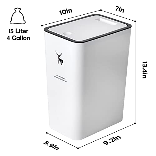 XPIY Trash Can with Lid, 2 Pack 4 Gallons/15 Liters Garbage Can with Press Top, Small, Dog Proof, Plastic Trash Bin, Waste Basket for Bathroom|Kitchen|Bedroom|Office|Living Room|Study (White)