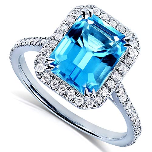 Kobelli Emerald Cut Swiss Blue Topaz and Diamond Halo Ring 3ct CTW 14k White Gold, 9.5