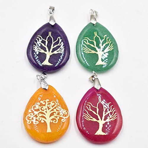 Natural Stone Carving Life Tree Water Drop Pendant Jewelry Production 4pcs/lot - ( Metal Color: NO1 )