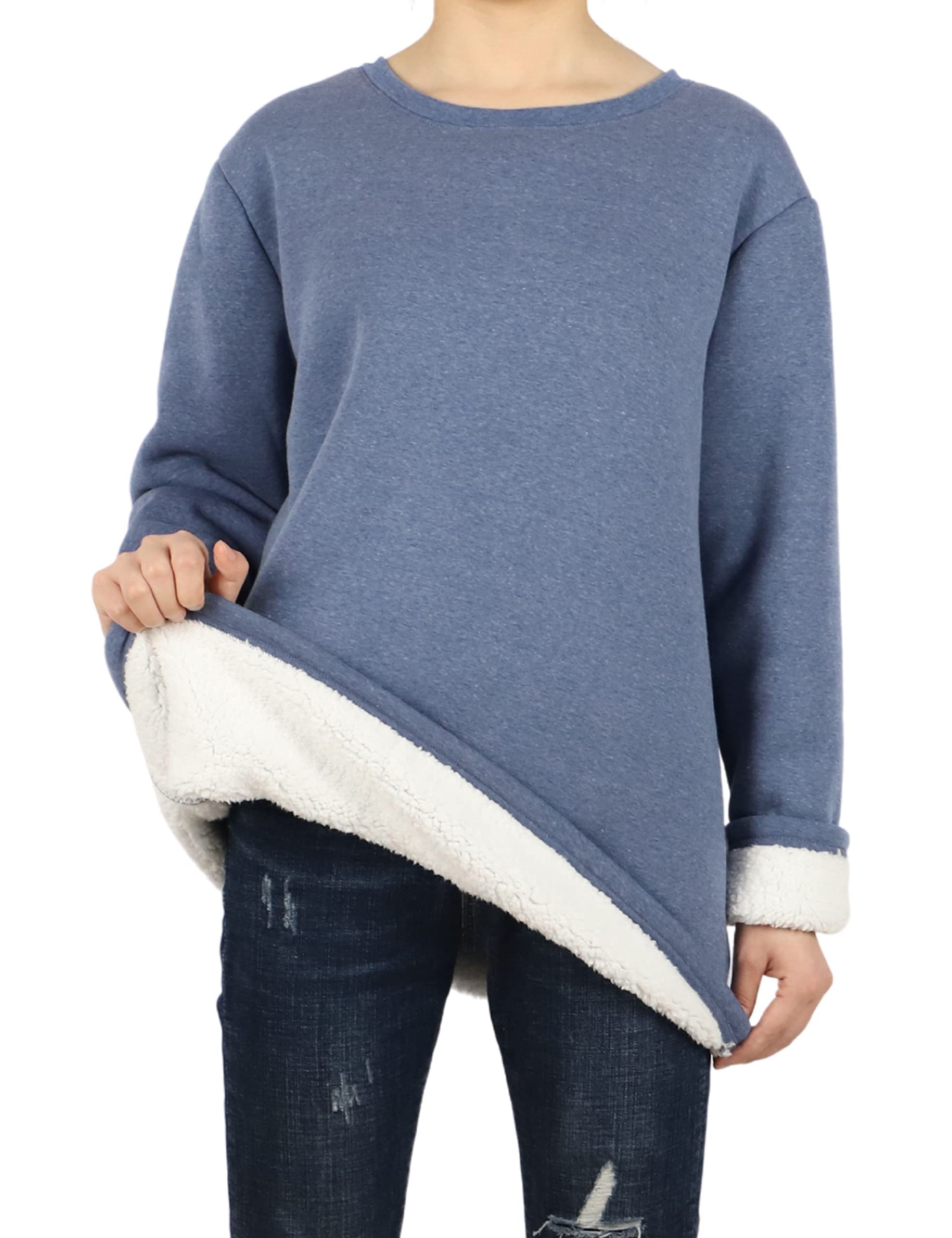 Lentta Women's Sherpa Lined Sweatshirt Winter Warm Crewneck Pullover Loungewear(Blue-M)