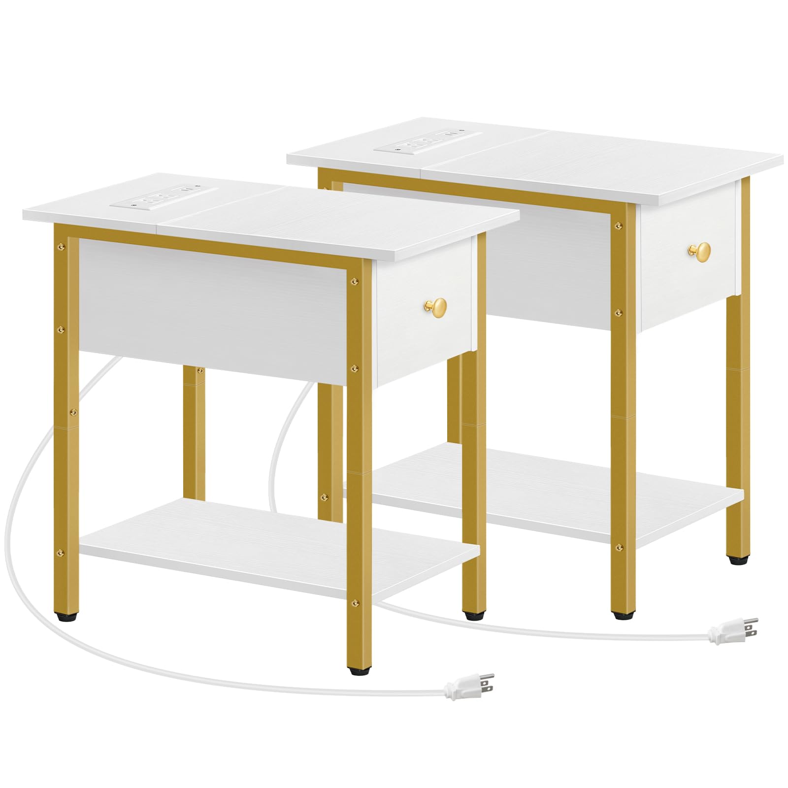 HOOBRO Side Table with Charging Station, Narrow End Table, Bedside Table, Sofa Side Table with Drawer, 2-Tier Coffee Table, Space Saving, Living Room, Bedroom, Study, Gold and White DW041UBZ01