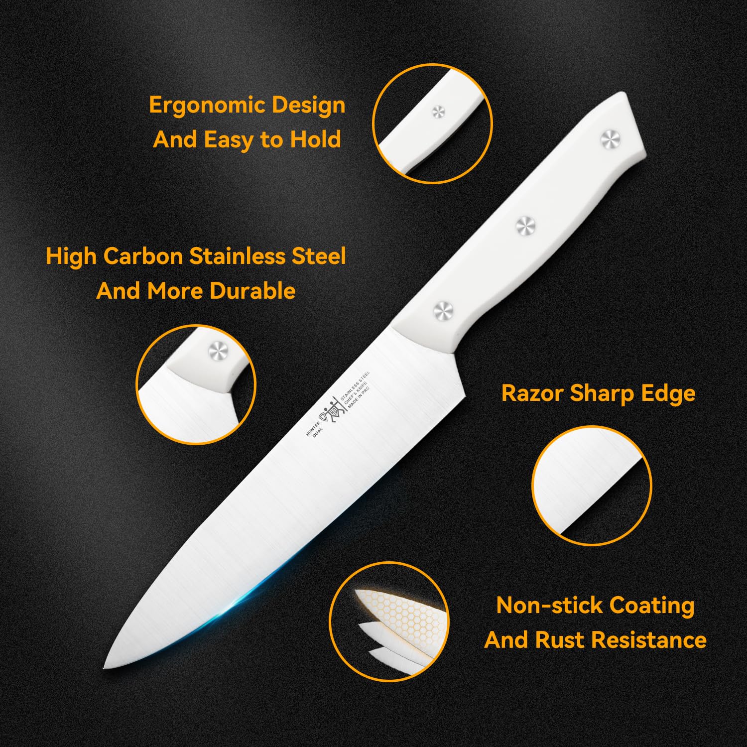 HUNTER.DUAL Knife Set, 15 Piece Kitchen Knife Set with Block Self Sharpening, Dishwasher Safe, Anti-slip Handle, Black