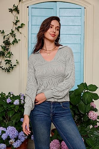 Women's 2023 Fall Lapel Collar V Neck Long Sleeve Knitted Comfy Loose Casual Pullover Sweater Jumper Top Grey L