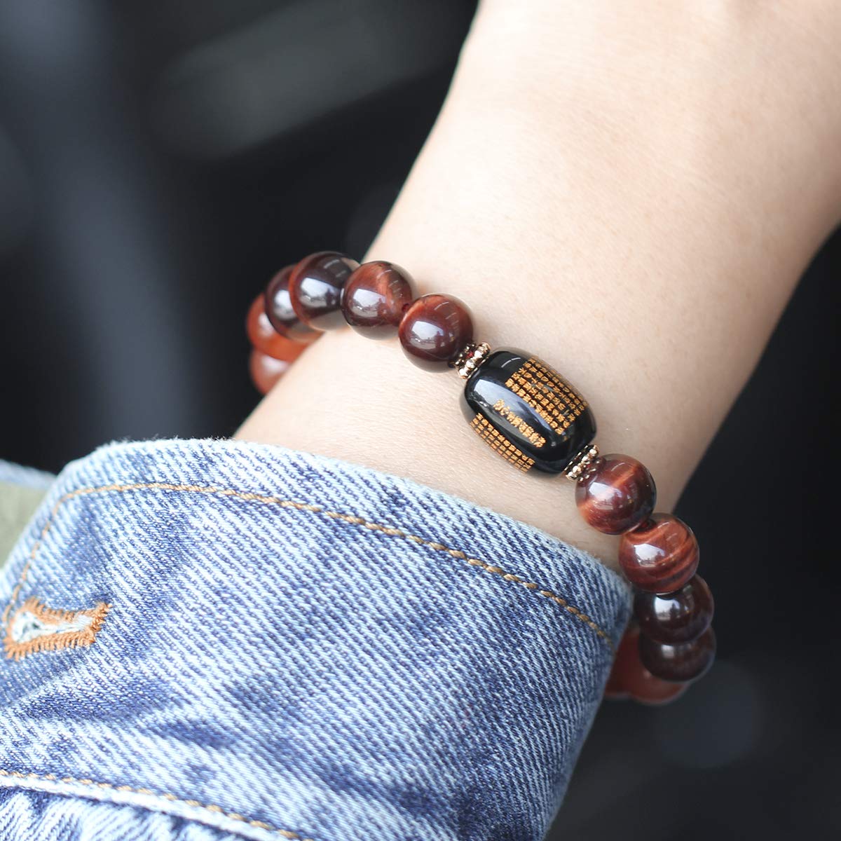 Jewever Triple Protection Feng Shui Bracelet Healing Bangle- Tiger Eye - Obsidian - Sutra Agate 10mm beads Stone Amulet Unisex Jewellery