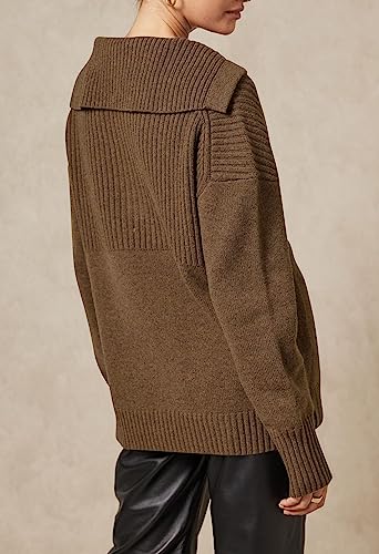 Women's 2023 Fall Casual Oversized Pullover Sweaters Lapel Collar V Neck Long Sleeve Ribbed Knit Jumper Tops Brown M