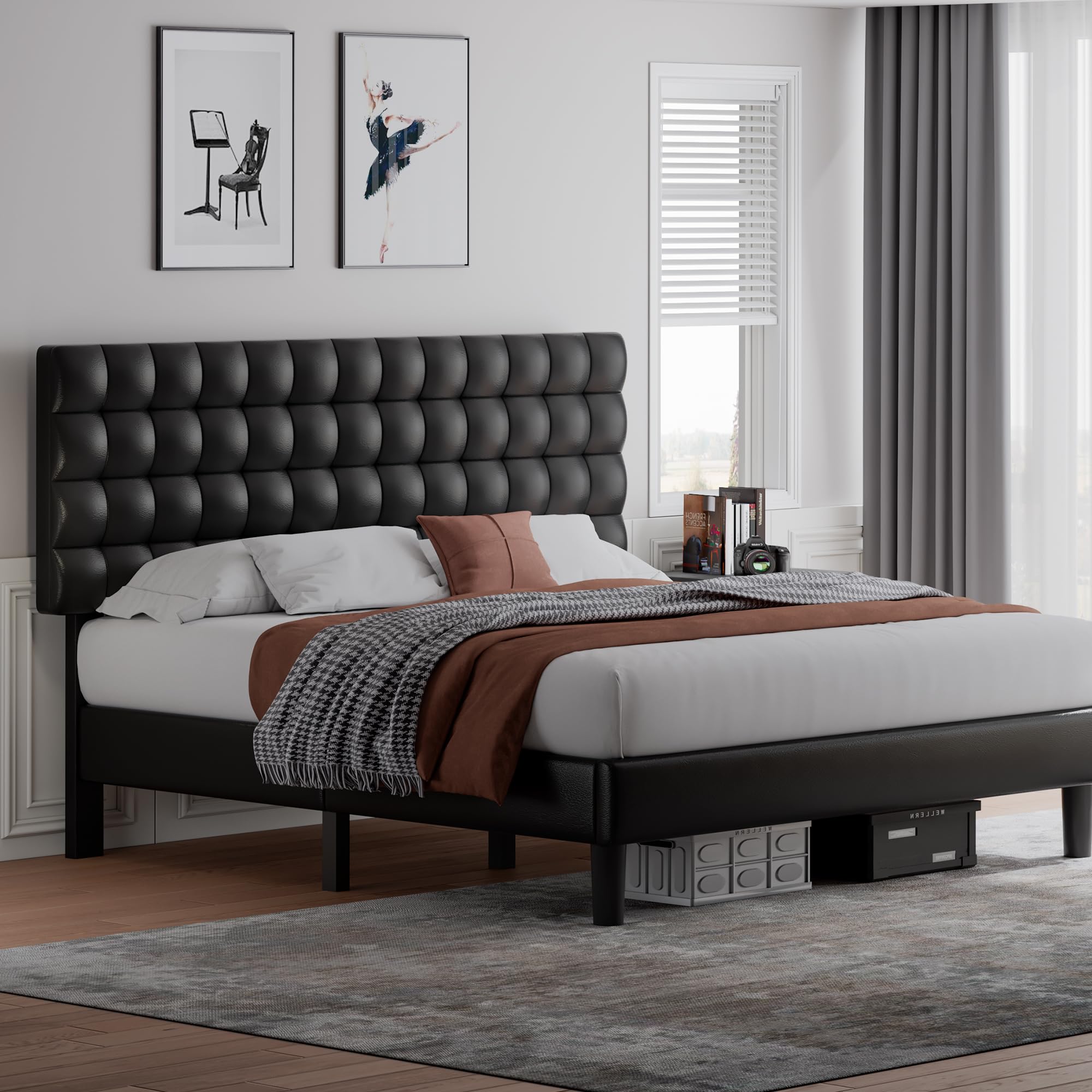 iPormis King Size Platform Bed Frame, Faux Leather Upholstered Bed Frame with Square Tufted Headboard, Wood Slats Support, No Box Spring Needed, Easy Assembly, Black