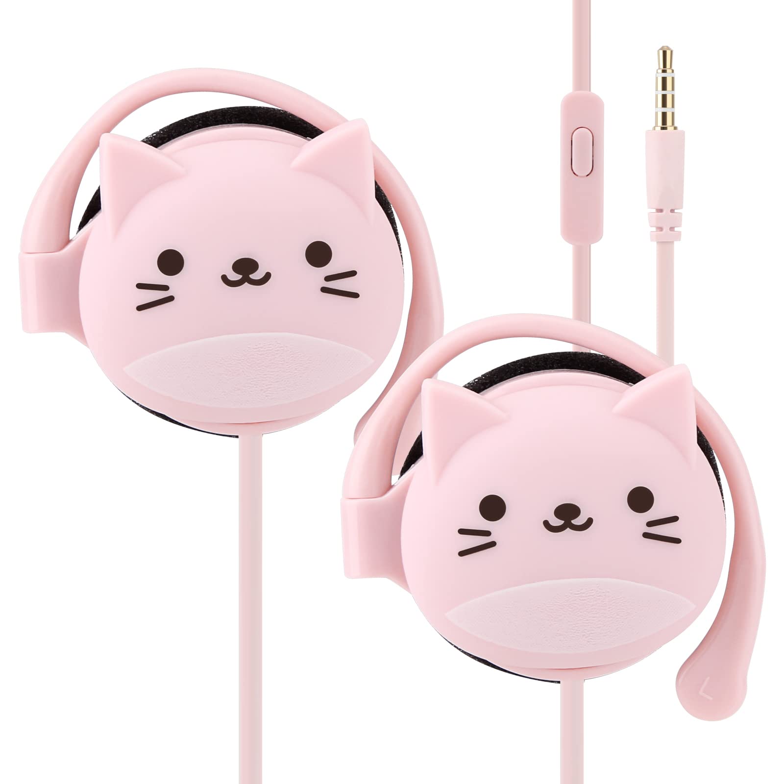 QearFun Cat Earbuds for Kids with Ear Hooks, Kawakii Wired Over Ear Headphones Earphones Gifts for School Girls and Boys with Microphone & Ear Loops Pink