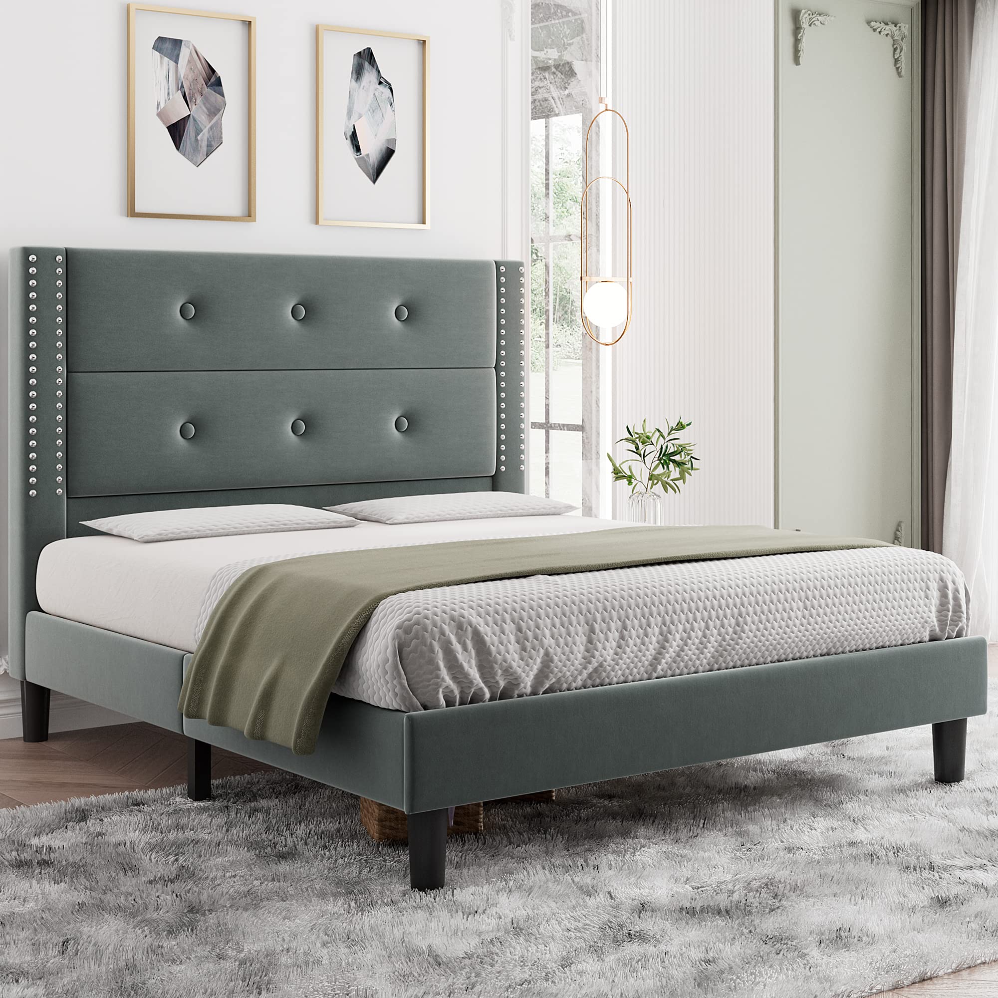 iPormis Queen Size Platform Bed Frame, Velvet Upholstered Bed Frame with Button Tufted & Nailhead Headboard, Wooden Slats Support, No Box Spring Needed, Noise-Free, Gray