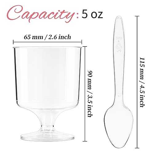 Zezzxu 5 oz Mini Dessert Cups with Spoons, 40 Pack Small Dessert Cups Plastic Footed Wine Glasses for Serving Trifles, Appetizers, Puddings, Mousse, Parfait